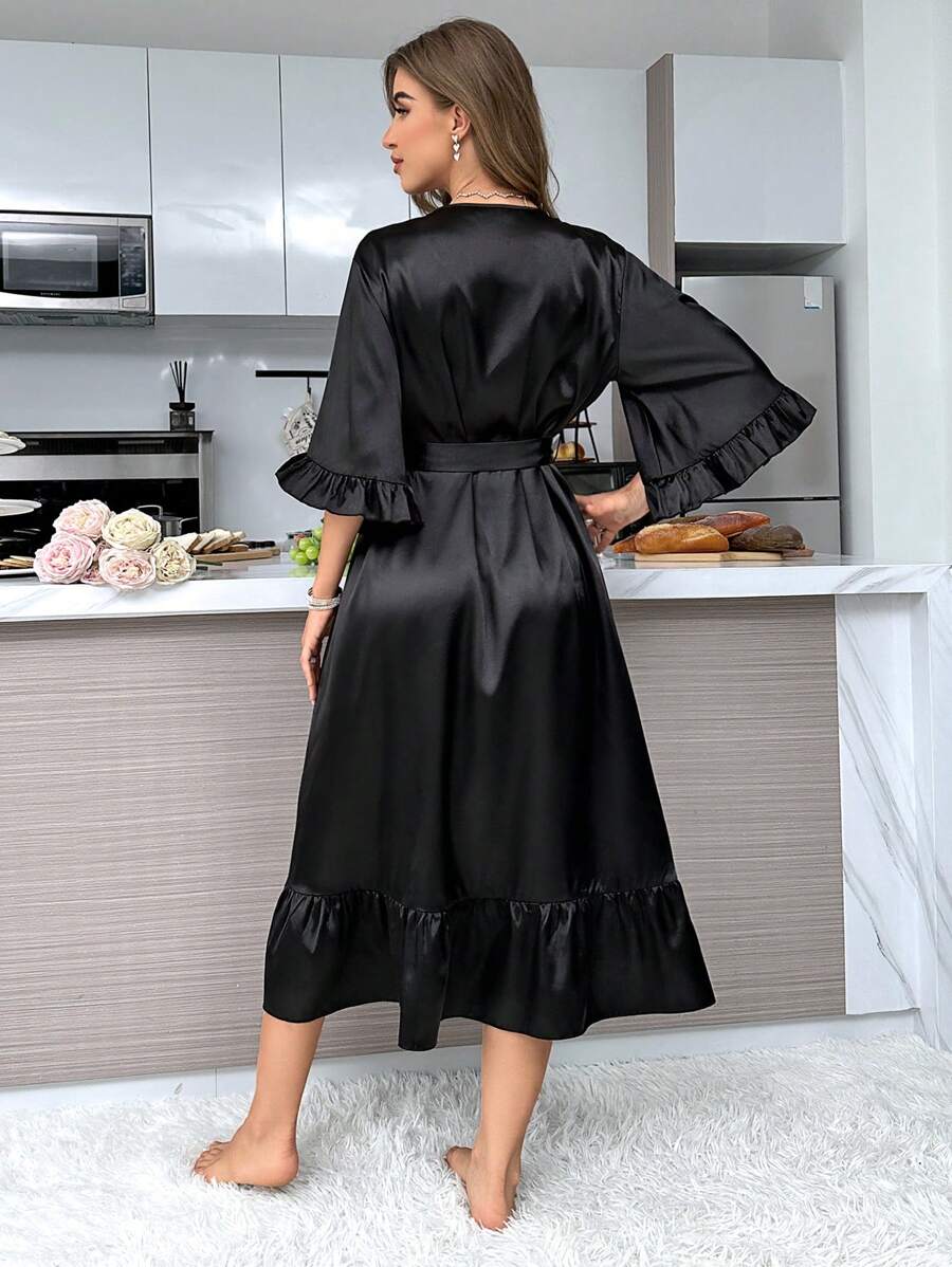 SHEIN SilkySpell Women Solid Color Satin Sleep Robe With Wide Sleeves ...