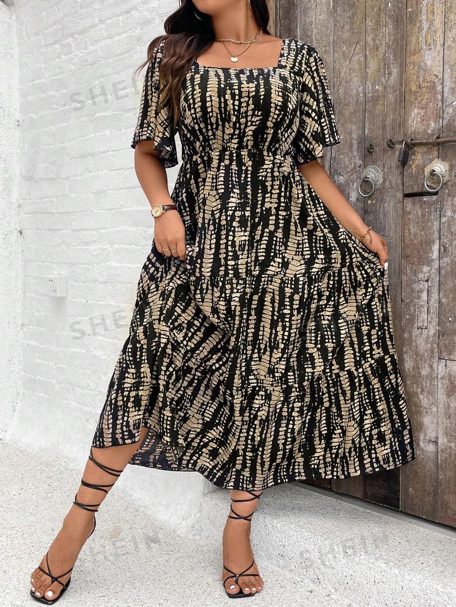 SHEIN VCAY Summer Vacation Style Plus Size Women Elegant Midi Dress With Square Neckline, Short ...