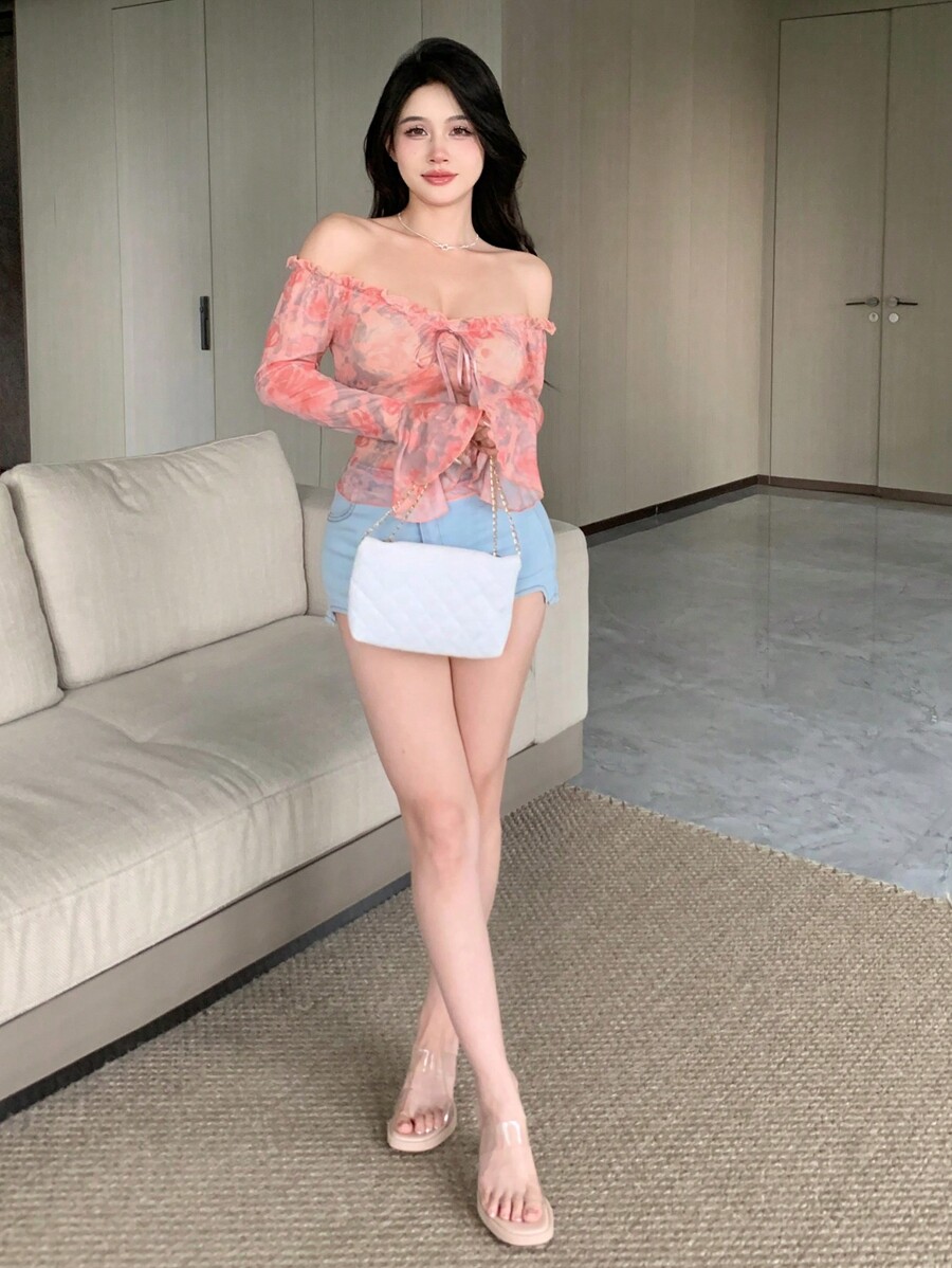 DAZY Ladies' Full Print Mesh Off-Shoulder Long Sleeve Summer Top With Floral Pattern Going Out ...