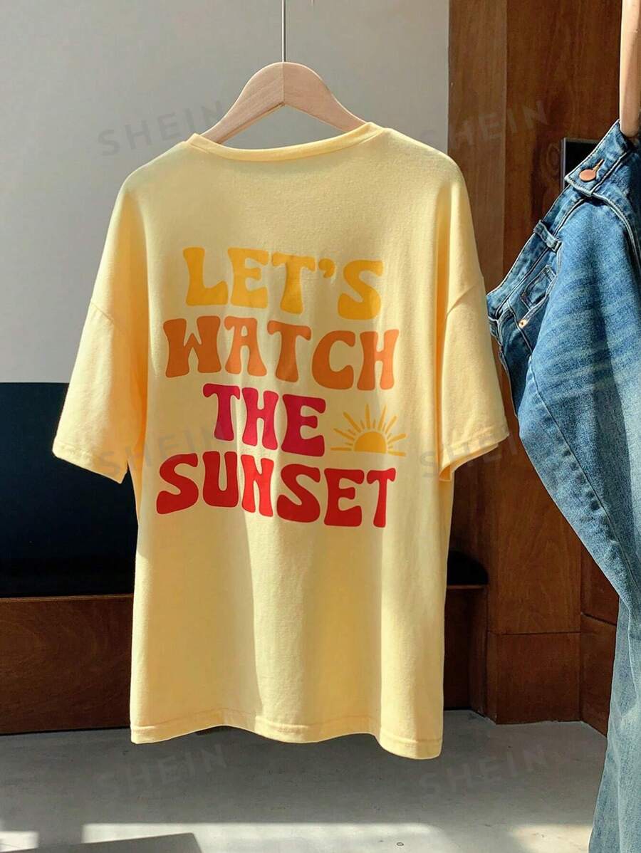 SHEIN Comfortcana Slogan And Sun Print Drop Shoulder Tee LET'S WATCH ...