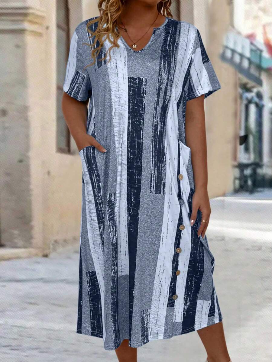 EMERY ROSE Women Plus Size Colorblock V-Neckline Dress With Notched ...