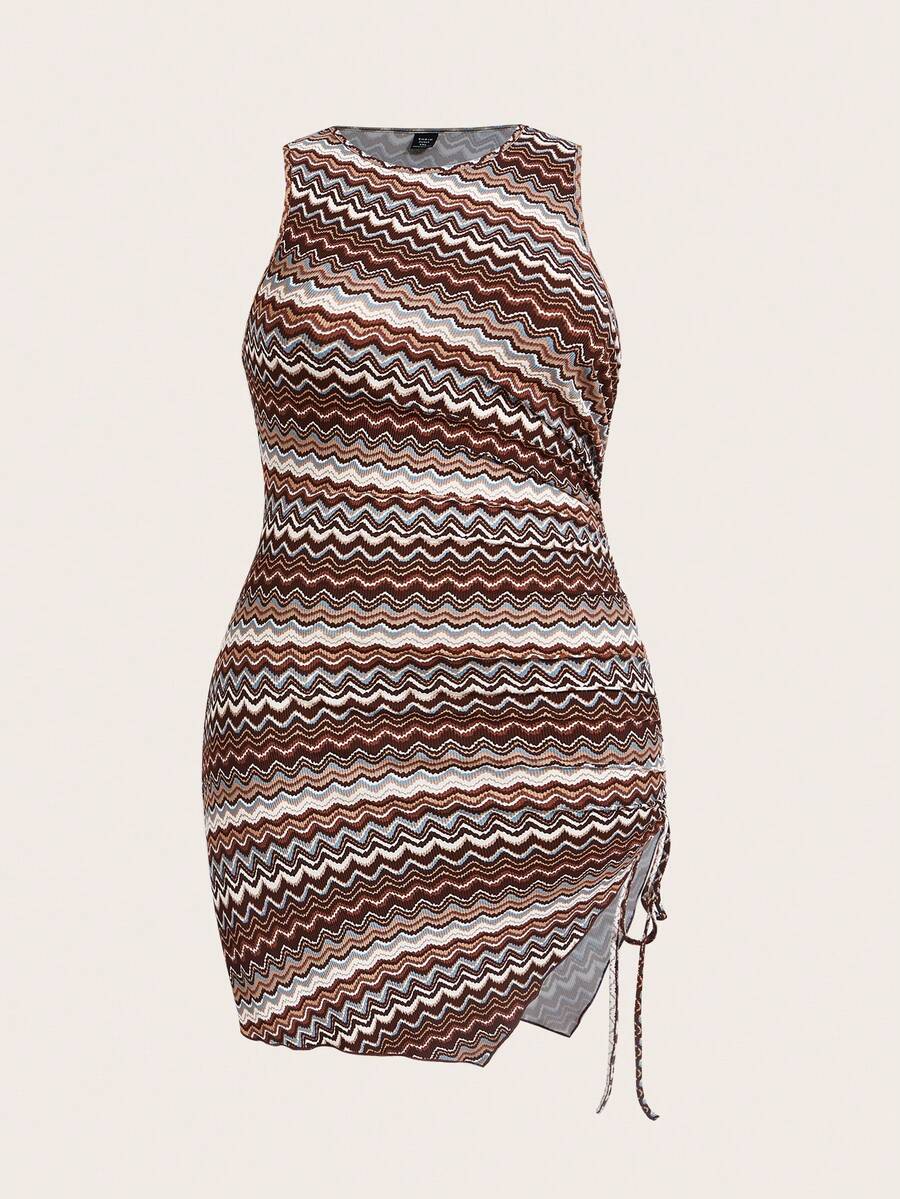 SHEIN EZwear Plus Size Colorful Striped Print Bodycon Dress With Side ...