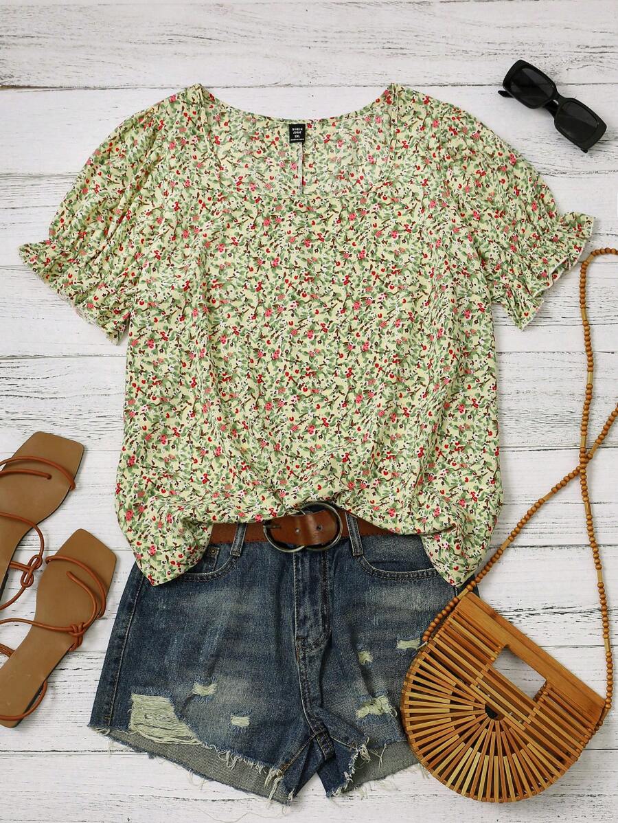 SHEIN JORESS Plus Size Boho Puff Sleeve Floral Print Vacation Style ...