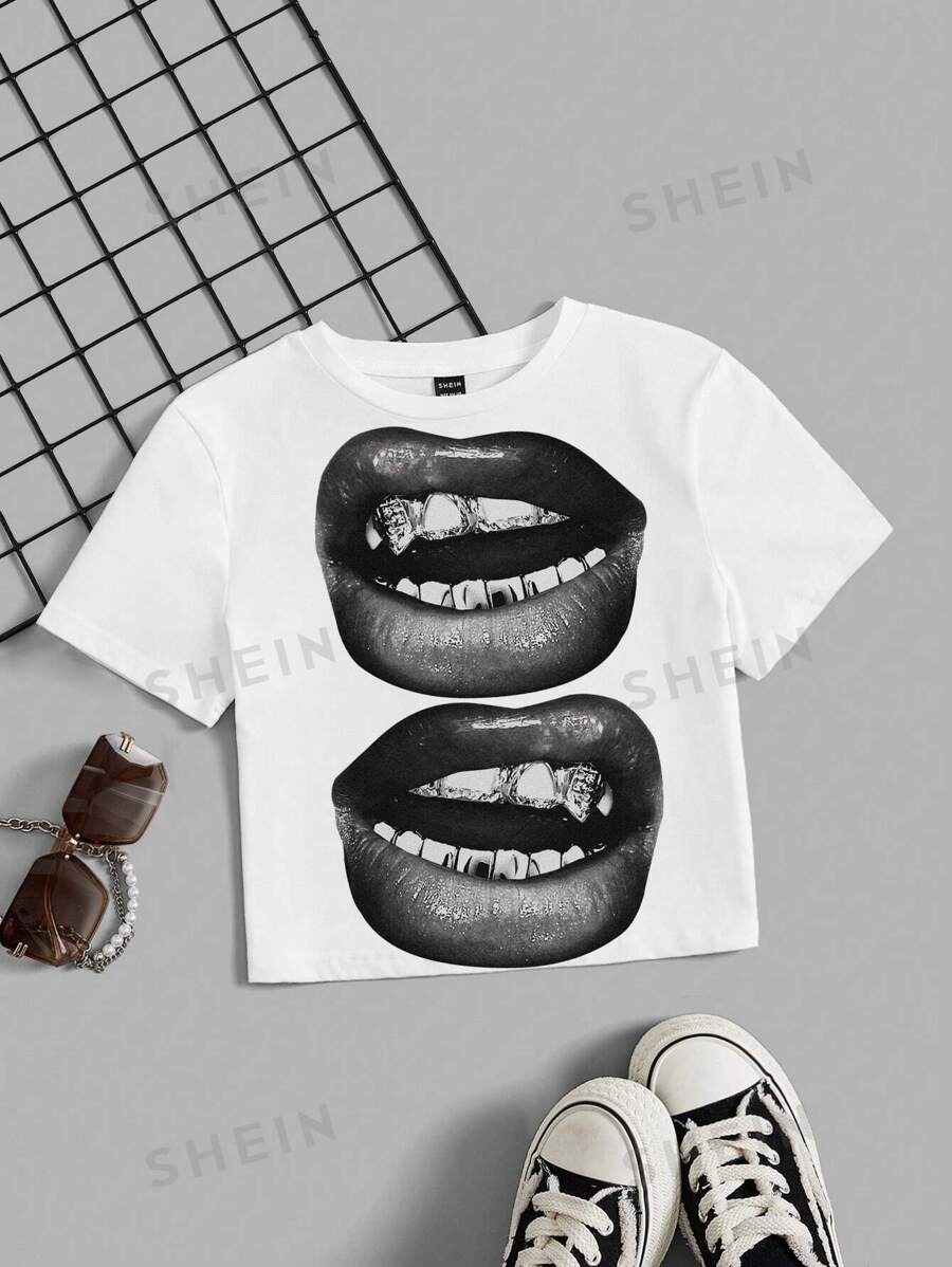 SHEIN EZwear White Fitted Casual Short Tee Shirt With Mouth Print ...