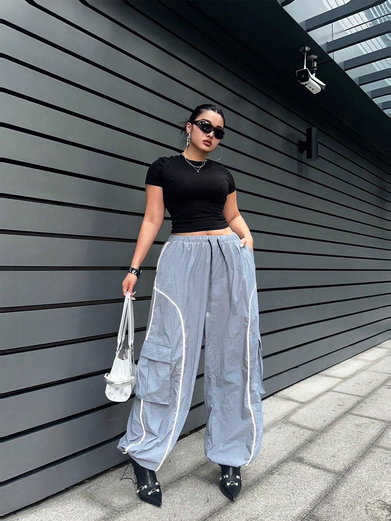 SHEIN Coolane Plus Size Loose Reflective Striped Urban Parachute Pants ...