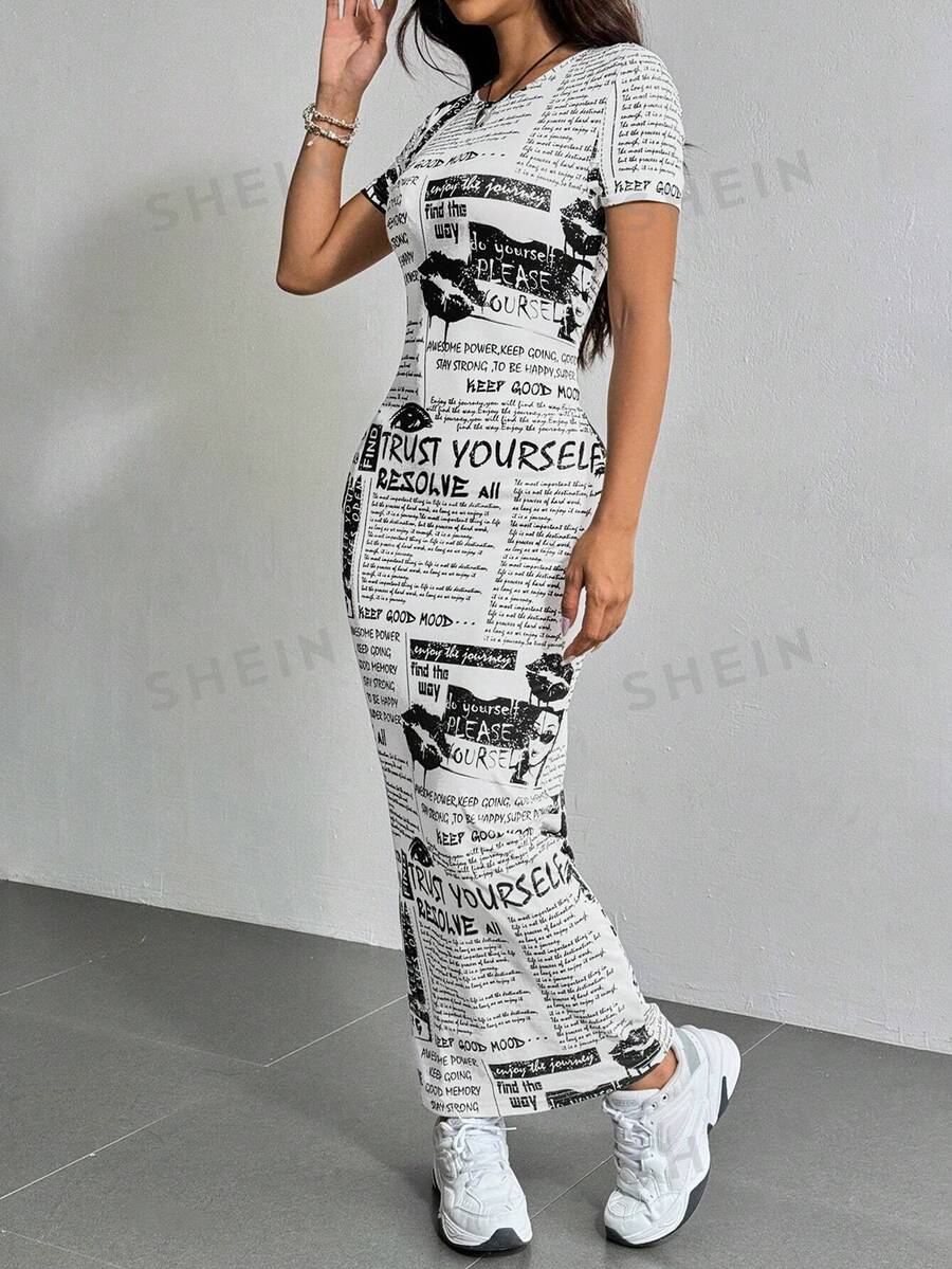 SHEIN EZwear Newspaper Print Short Sleeve Slim Fir Long Bodycon Dress ...
