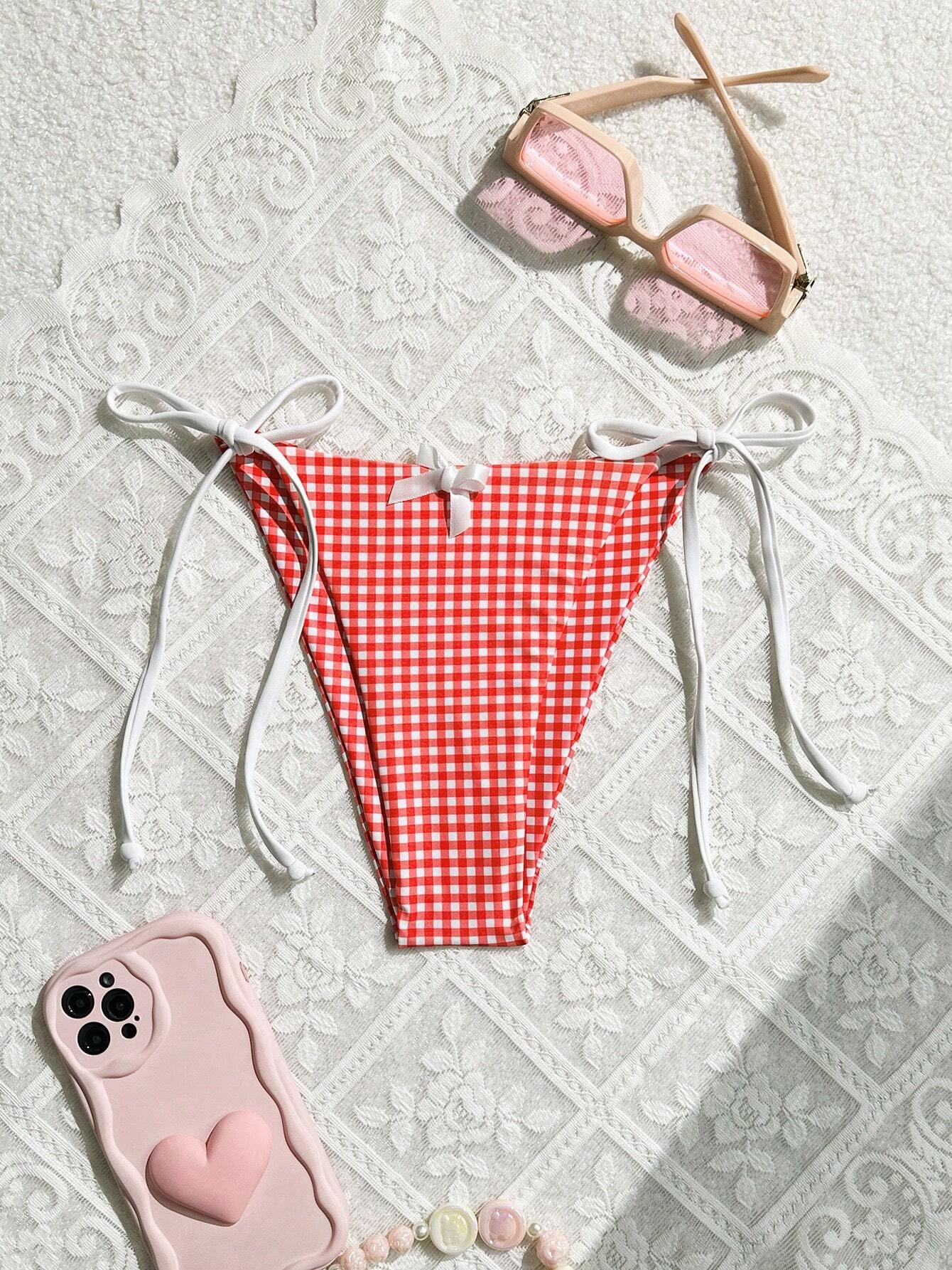 SHEIN Swim Women Summer Beach Vacation Plaid Bow Decorated String ...
