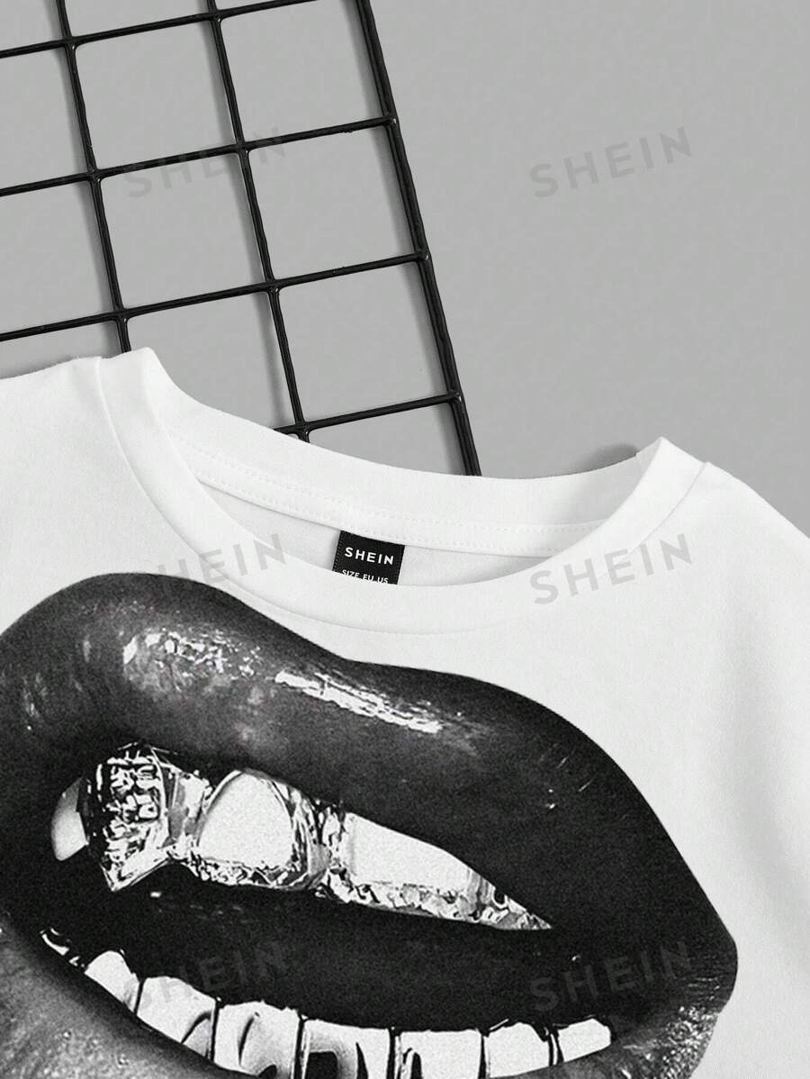 SHEIN EZwear White Fitted Casual Short Tee Shirt With Mouth Print ...