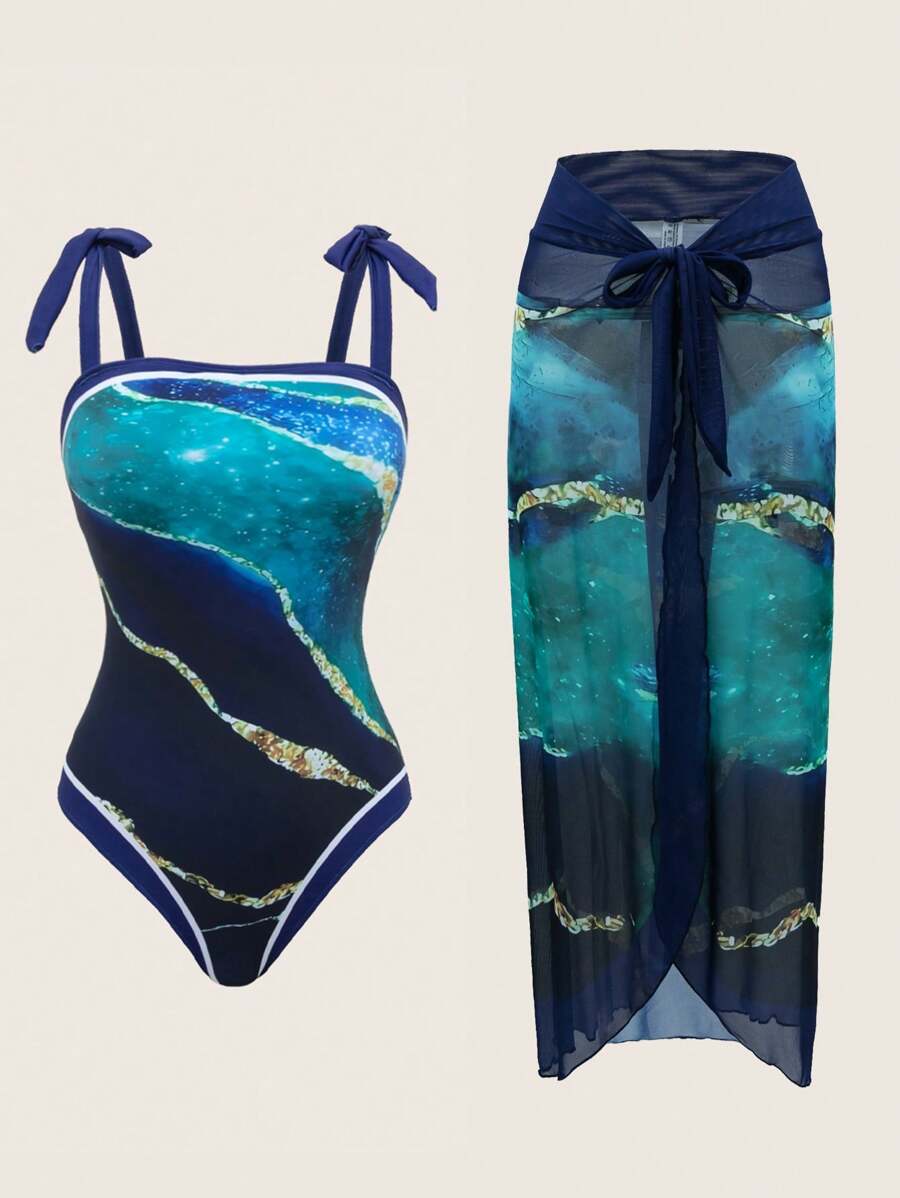 SHEIN Swim Oasis Summer Beach Women Printed Strap Beachwear Matching ...