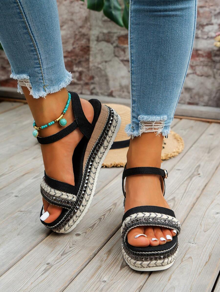 Women's Black Woven Strap Wedge Sandals With Rivets And Thick Soles ...