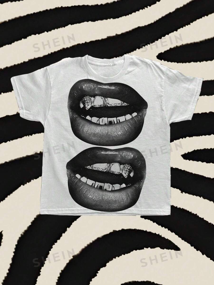 SHEIN EZwear White Fitted Casual Short Tee Shirt With Mouth Print ...