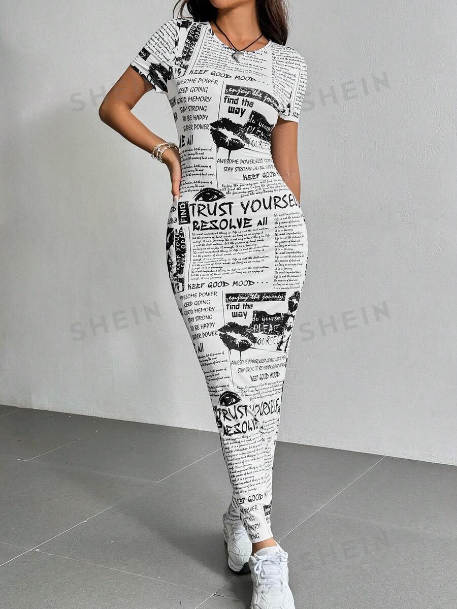 SHEIN EZwear Newspaper Print Short Sleeve Slim Fir Long Bodycon Dress ...