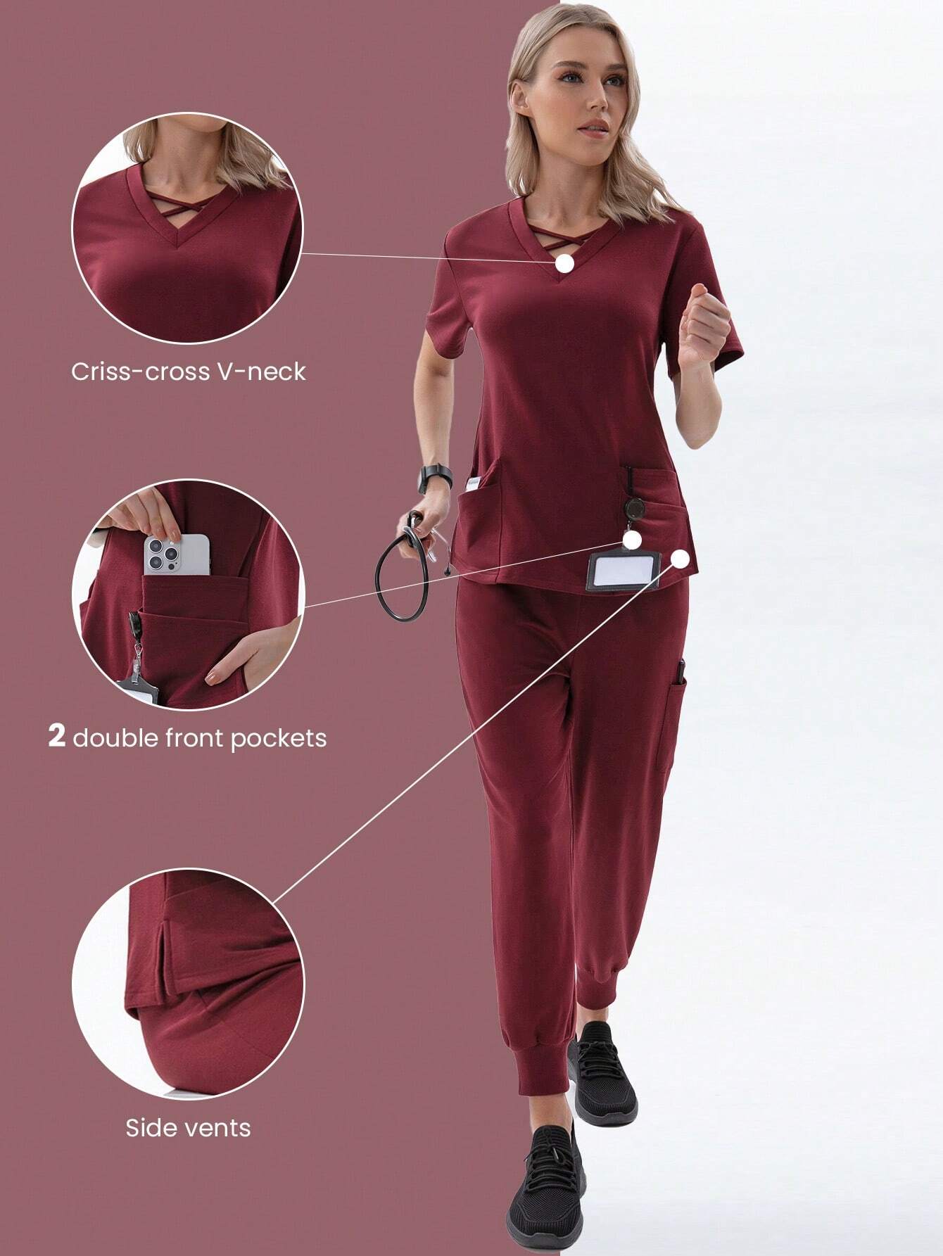 SHEIN TaskFit Borgonha Vermelho Feminino Scrub Suit Moderno V Neck Top ...