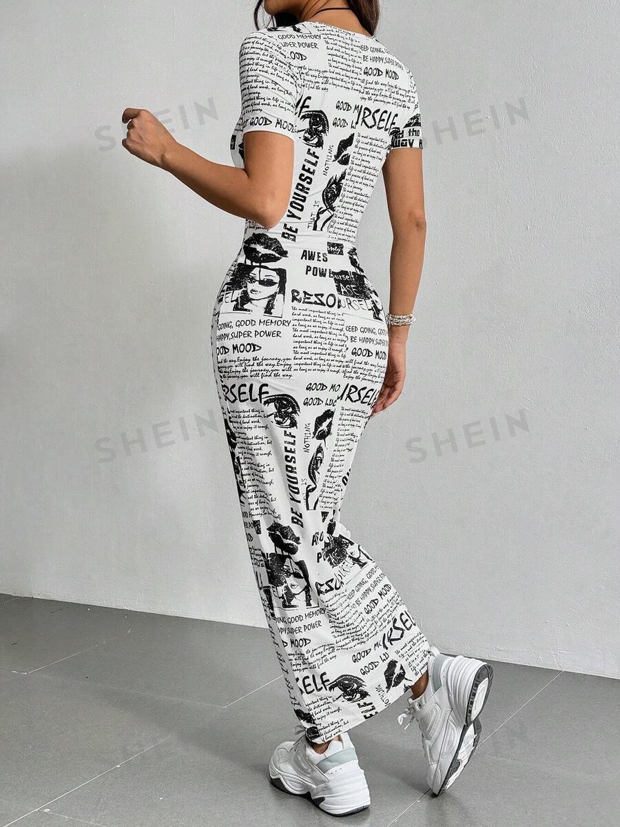 SHEIN EZwear Newspaper Print Short Sleeve Slim Fir Long Bodycon Dress ...