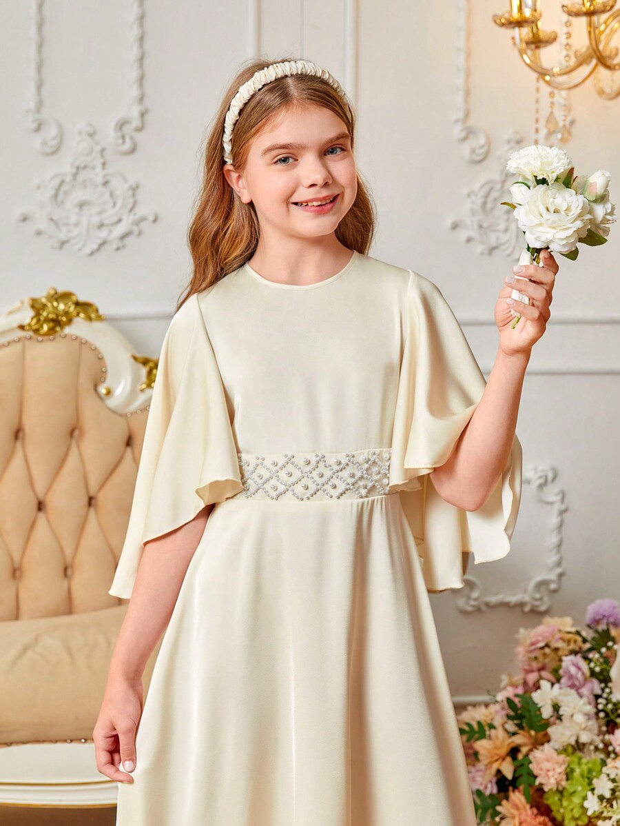 SHEIN Tween Girl Slim-Fit Cute Round Neck Half-Sleeve Dress With Ruffle ...