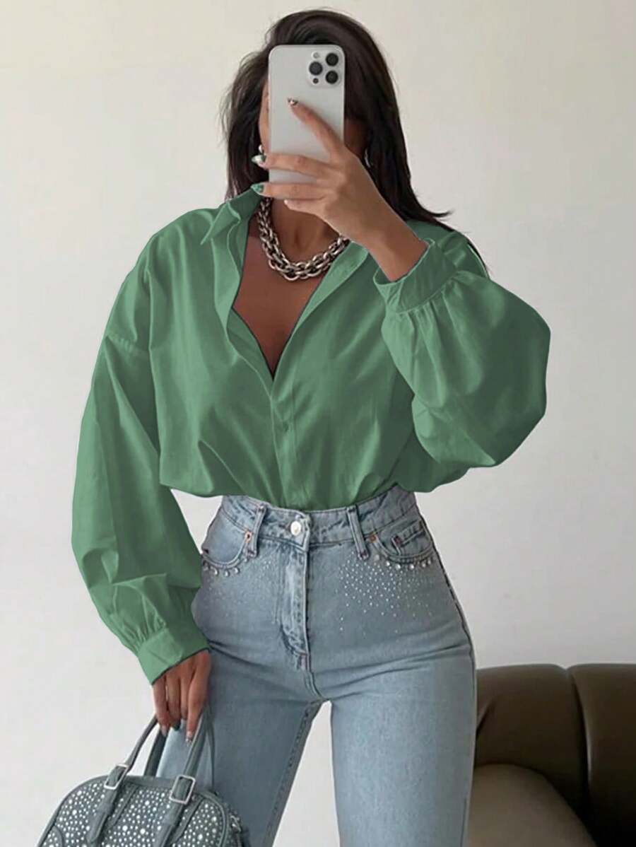 SHEIN Women Spring Simple Button Front Loose Long Sleeve Shirt With ...