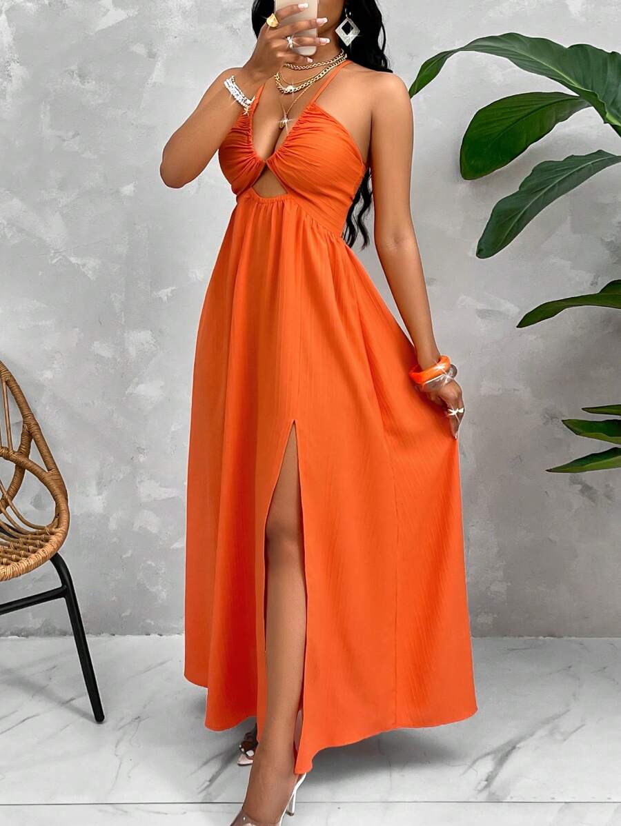 SOLERSUN Crisscross Tie Backless Halter Swing Dress Maxi Women Outfit ...