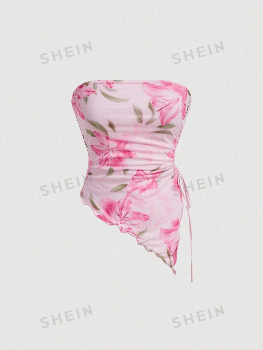 SHEIN MOD Women Pink Floral Pattern Asymmetric Hem Bandeau Top | SHEIN USA