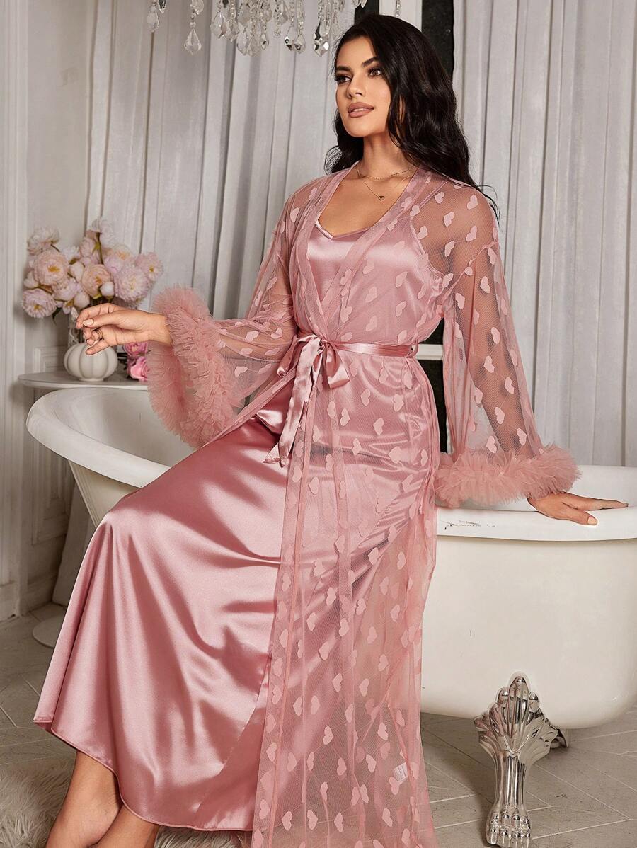 Women Fashionable 2-Pieces Set Of 3D Floral Lace Bell Sleeve Heart Mesh ...