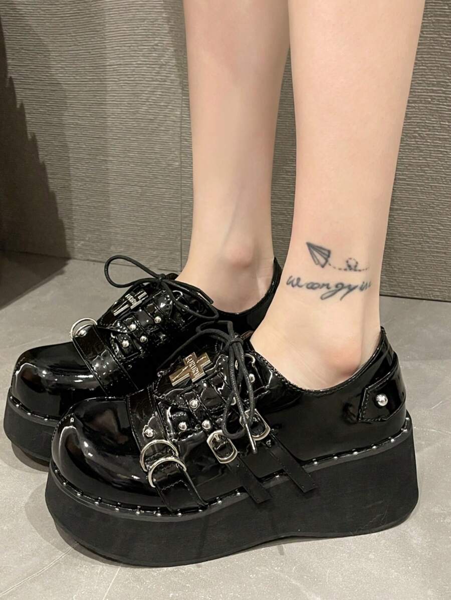 ROMWE Goth 2024 Spring New Sweet And Cool Heart Mary Jane Shoes For ...