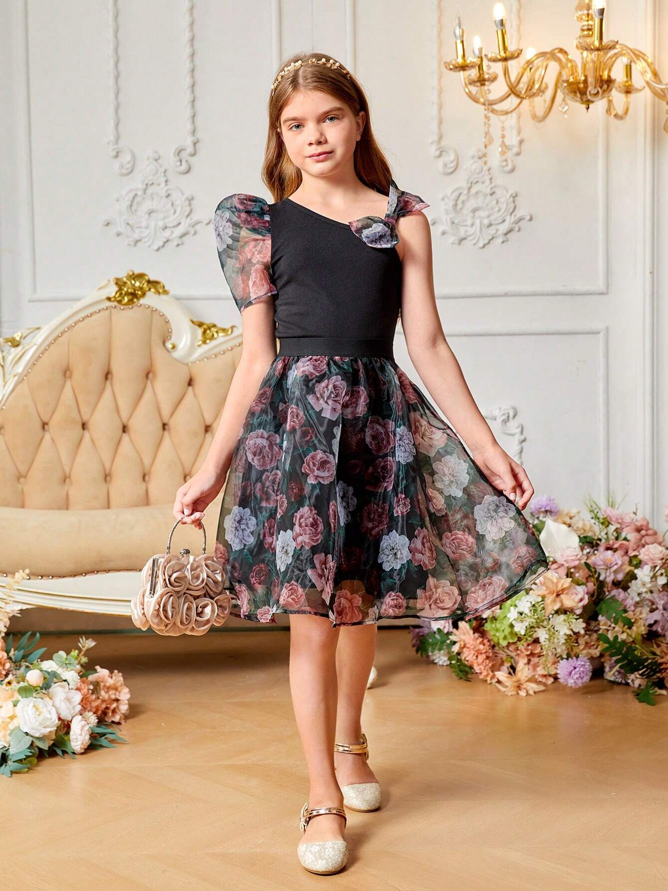 Tween Girls Slim-Fit Casual Asymmetrical Neck Floral Printed T-Shirt ...