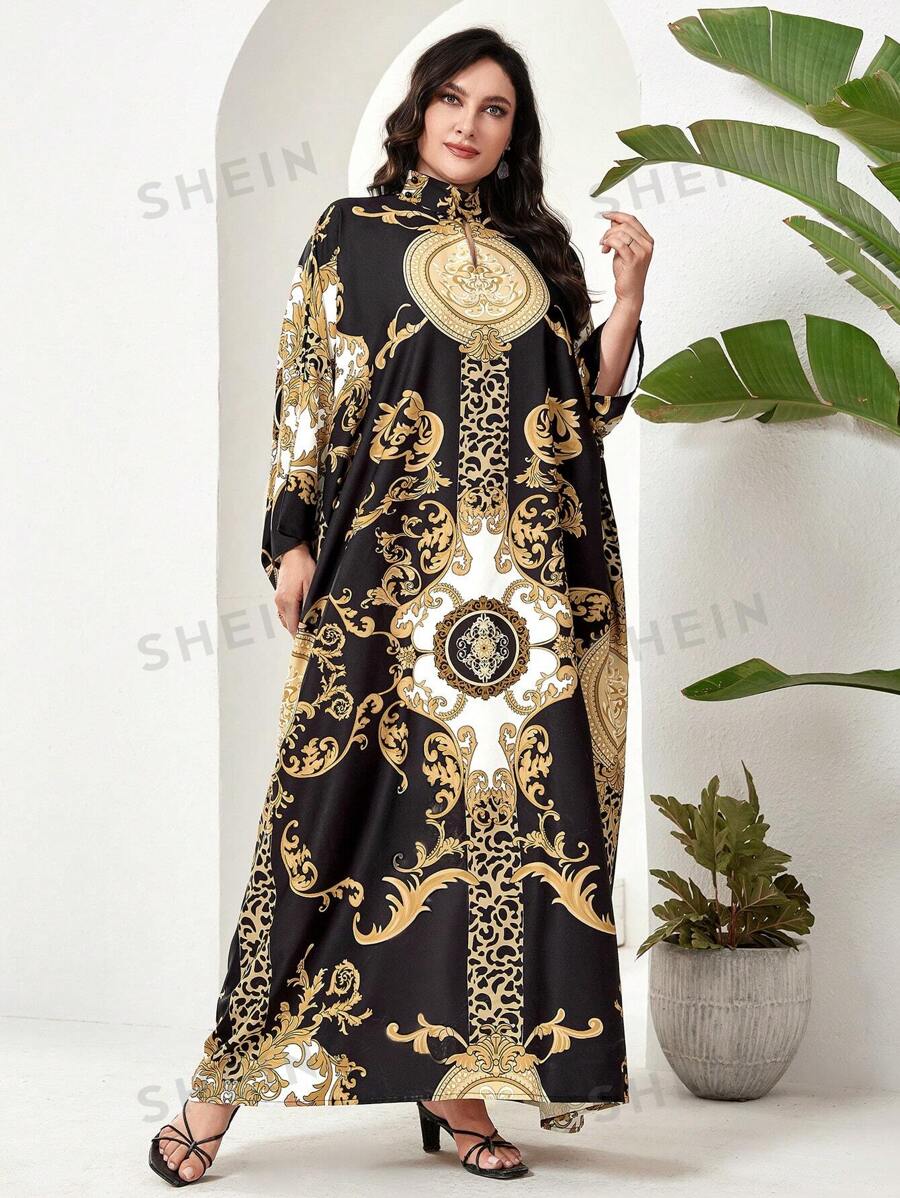SHEIN Najma Plus Size Women Leopard Print Baroque Pattern Stand Collar ...