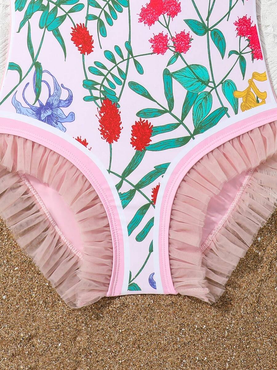 Tween Girls' One-Piece Swimsuit With Ruffle Edge And Seamless Print ...