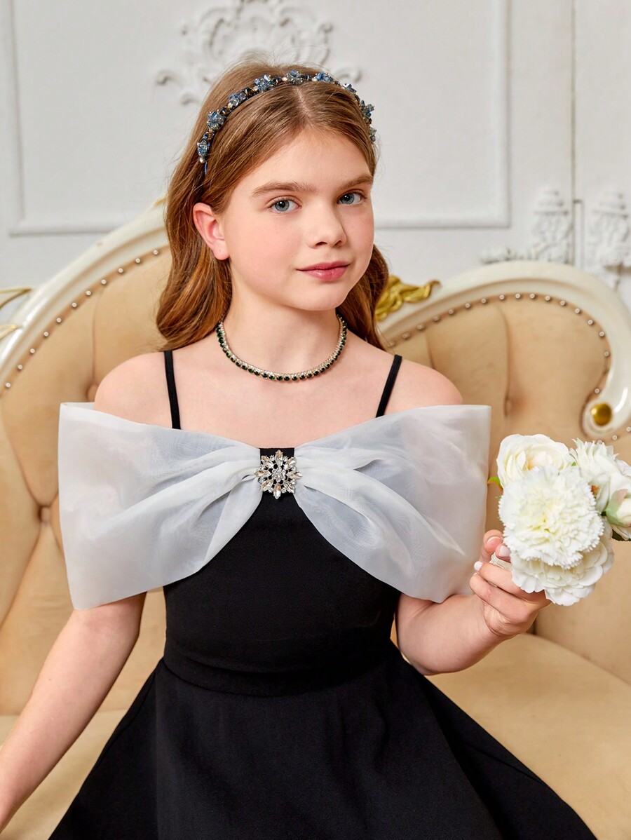 Tween Girl Lovely Off Shoulder Bow Detail Shaped Jewel Decorated Mid ...