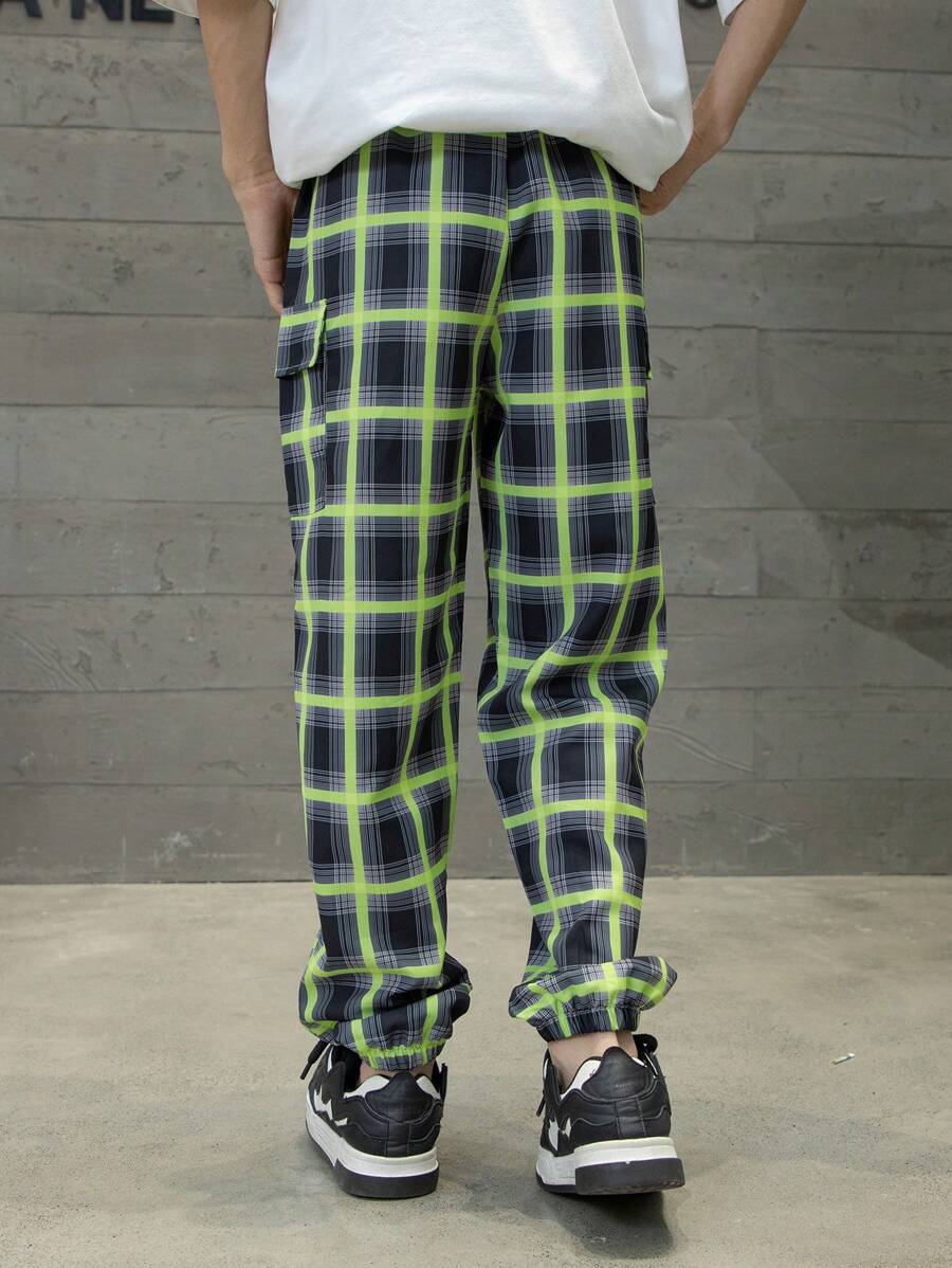 Teen Boy Plaid Cargo Pants With Drawstring Waist And Elastic Cuffs | SHEIN