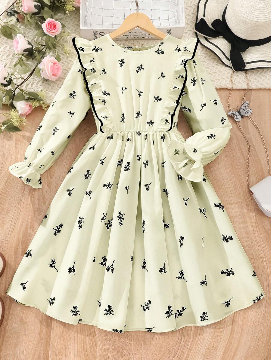 Tween Girl Vacation Casual Small Floral Print & Lotus Leaf Edge Long ...