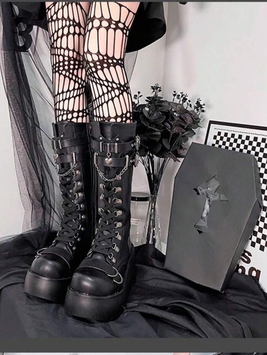 ROMWE Goth Motorcycle Girl Lolita Gothic Boots Ins High Heels Thick-Soled Short Boots Spring ...