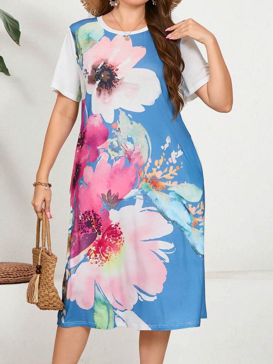 EMERY ROSE Plus Size Women Summer Floral Print Round Neck Short Sleeve Casual Holiday Dress With ...