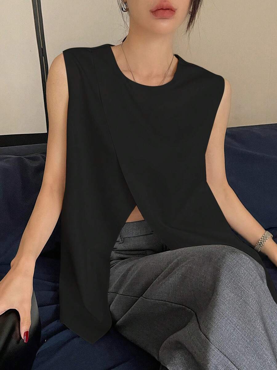 DAZY Women's Solid Color Scoop Neck Split Hem Casual Business Tank Top ...