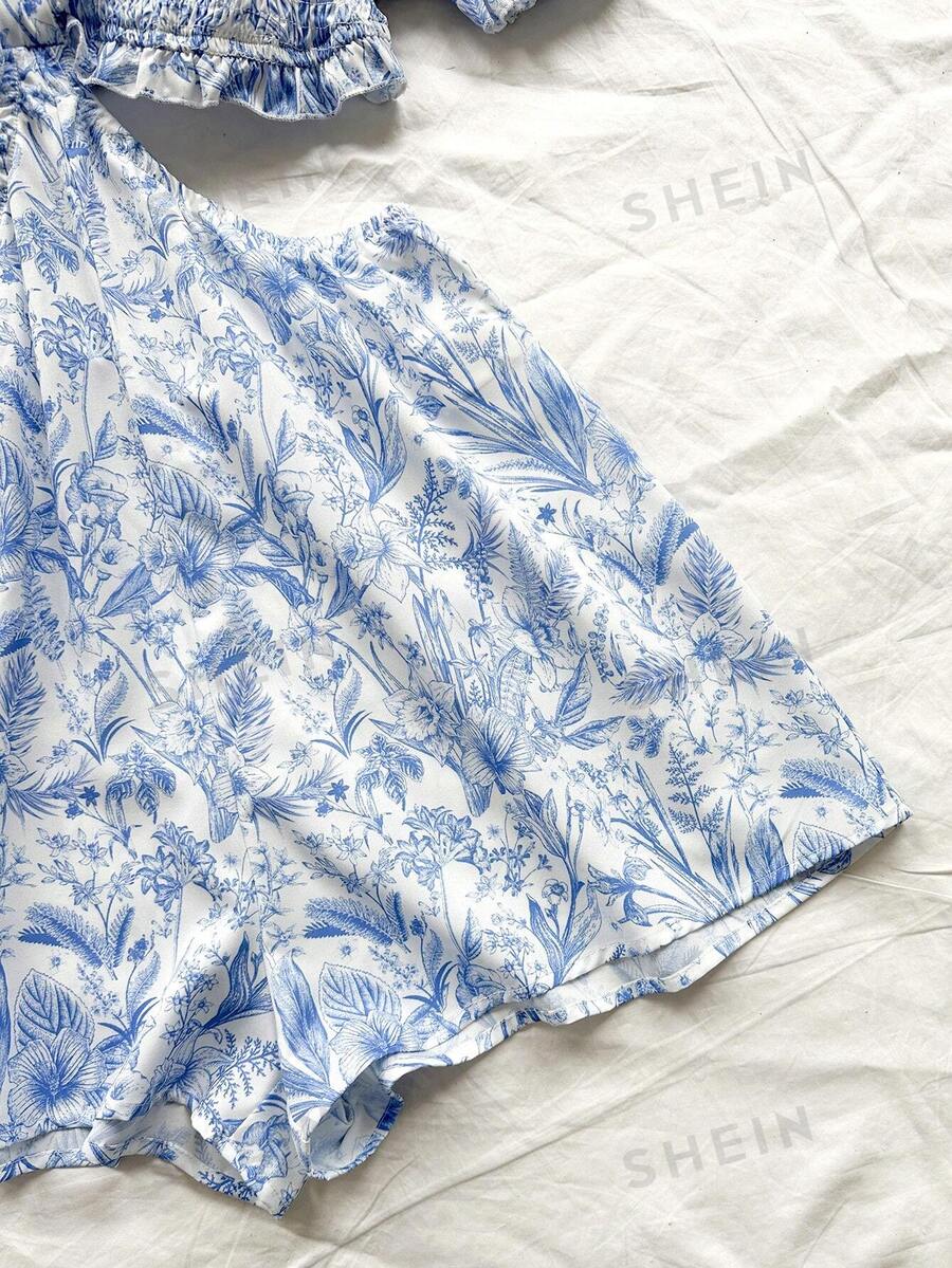 SHEIN WYWH Women Blue And White Stem Full Print Bubble Sleeve Waist-Cutout Chest-Embracing ...