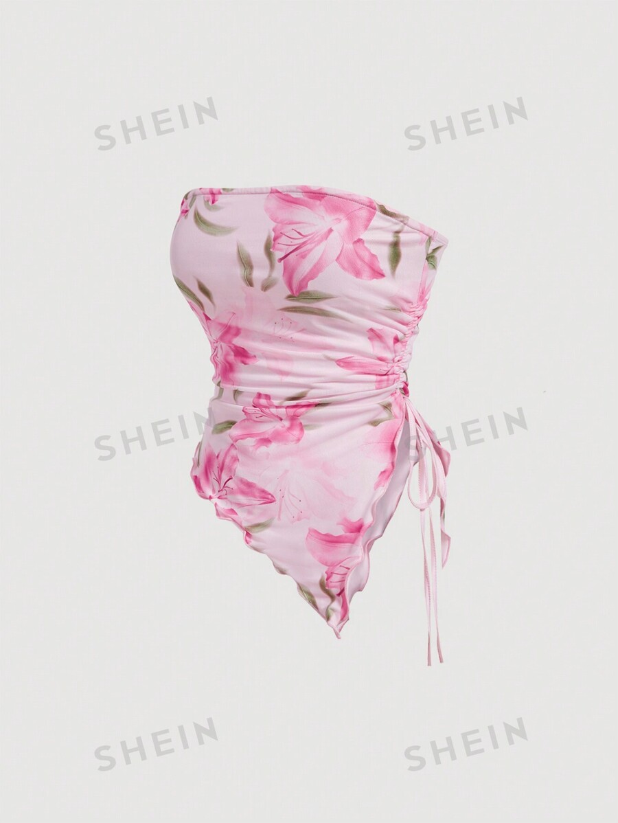 SHEIN MOD Women Pink Floral Pattern Asymmetric Hem Bandeau Top | SHEIN USA