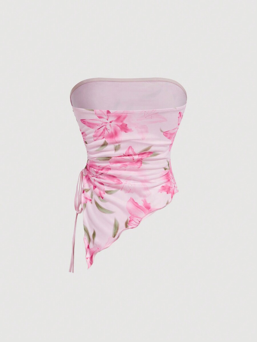 SHEIN MOD Women Pink Floral Pattern Asymmetric Hem Bandeau Top | SHEIN USA