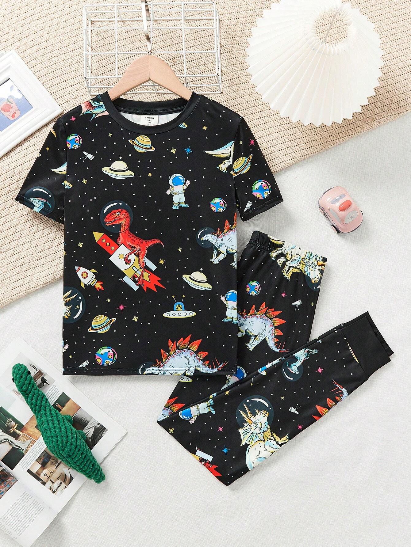 SHEIN Tween Boy Snug Fit Dinosaur Pattern Glow-In-The-Dark Knit Home ...
