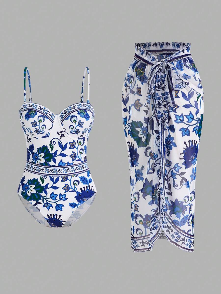 Shein Swim Oasis Summer Beach Women Beach Resprt Flower Print One Piece