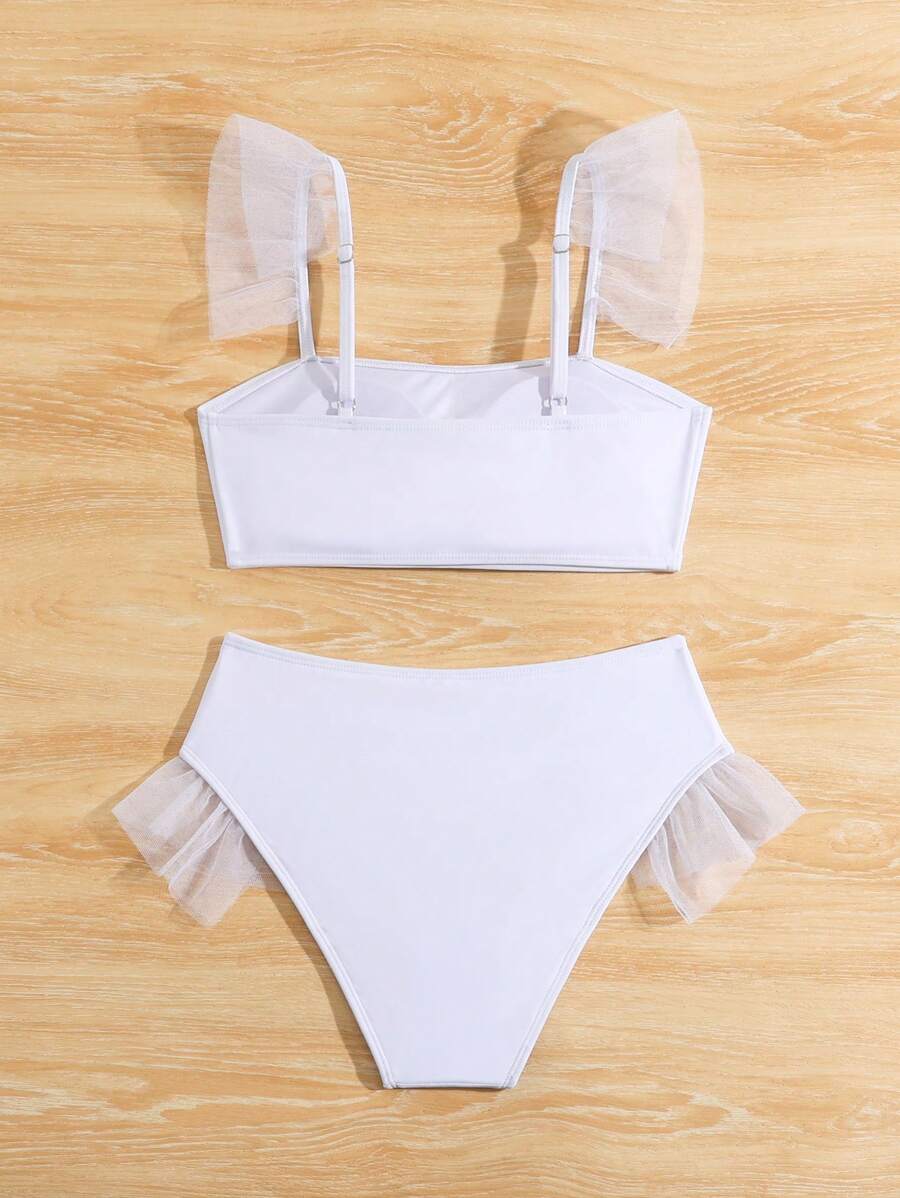 Teen Girls Ruffle Trim Solid Color Swimwear Matching Bikini Set With ...