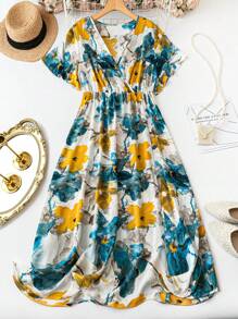 SHEIN Holidaya Plus Size Floral Print Surplice Neck Flutter Sleeve ...