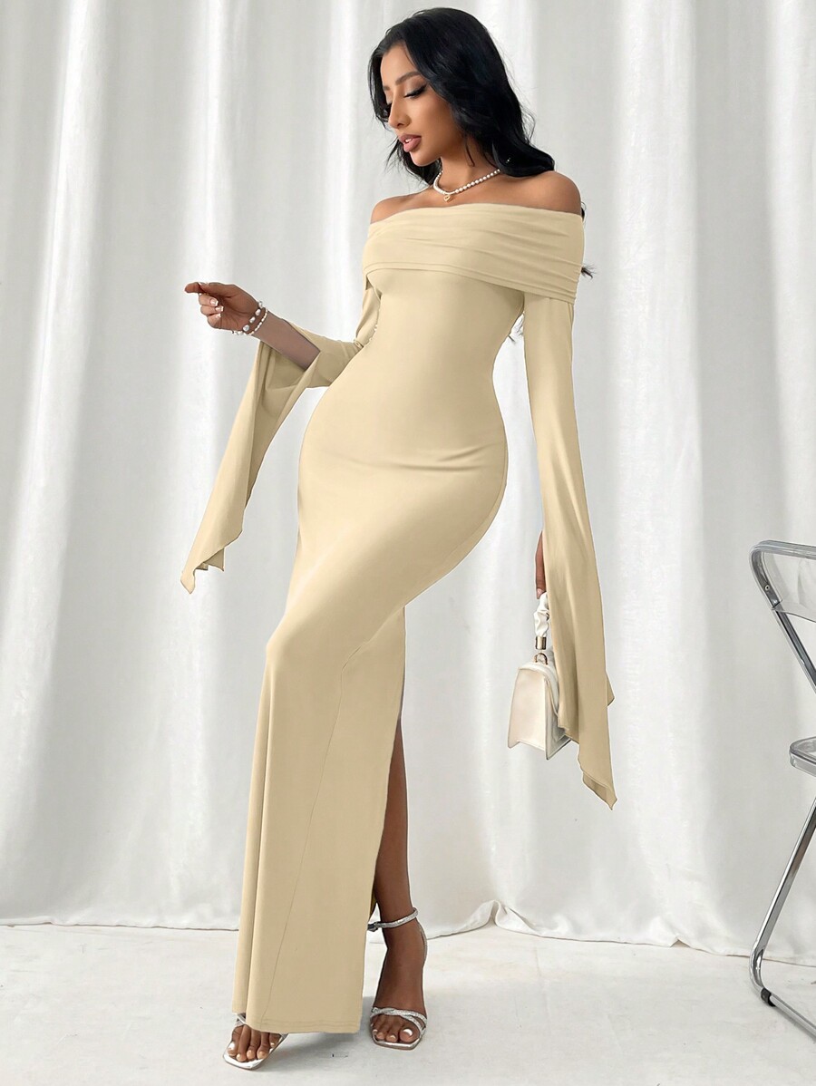 SHEIN Privé Spring/Summer Off Shoulder Long Sleeve Bodycon Dress With ...