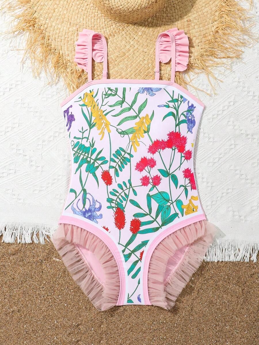 Tween Girls' One-Piece Swimsuit With Ruffle Edge And Seamless Print ...