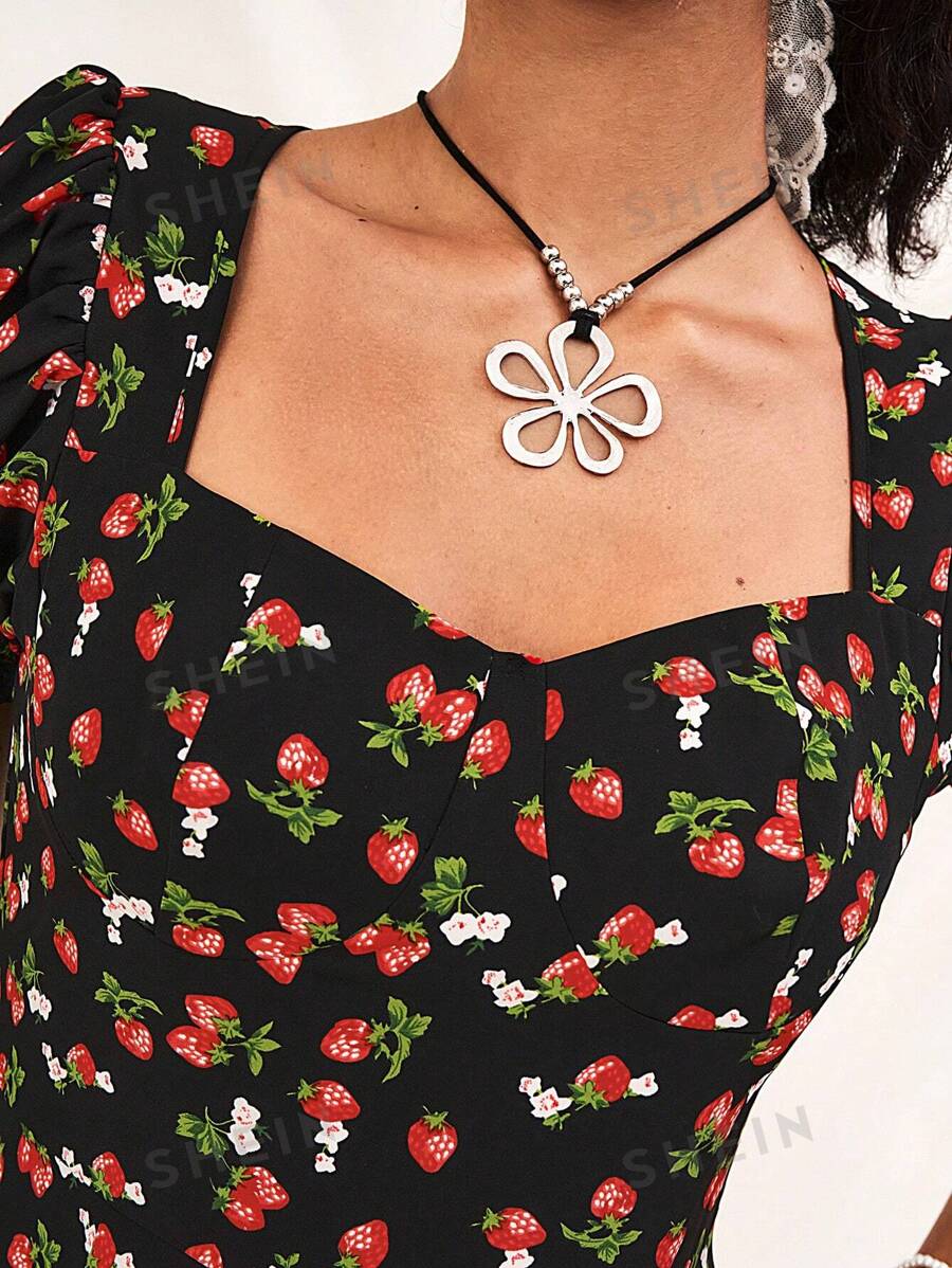 SHEIN WYWH Robe à fente florale à fraises à manches bouffantes et col ...