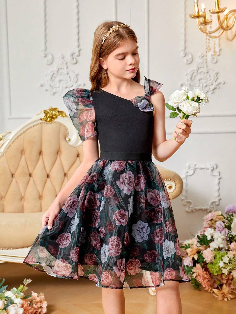 Tween Girls Slim-Fit Casual Asymmetrical Neck Floral Printed T-Shirt ...