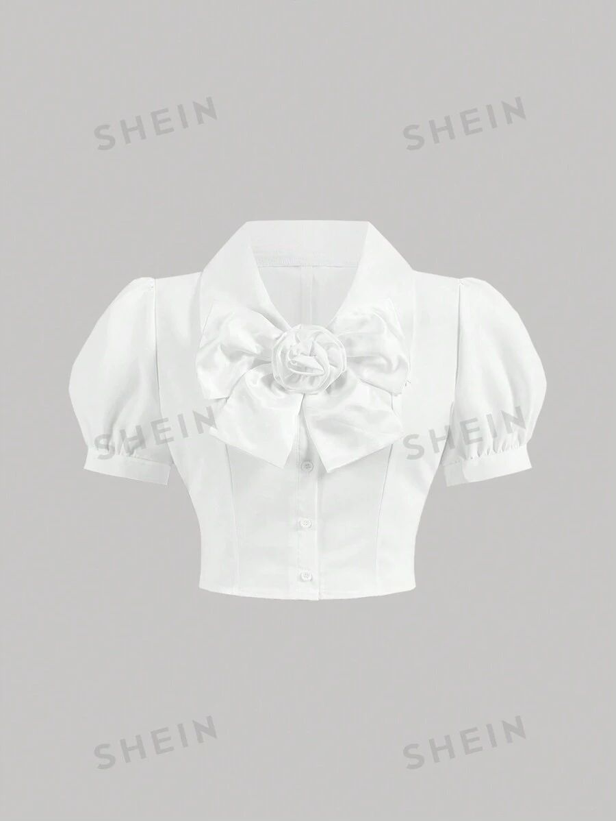 SHEIN MOD Plus Romantic Summer Short Sleeve Blouse Featuring 3D Bow ...