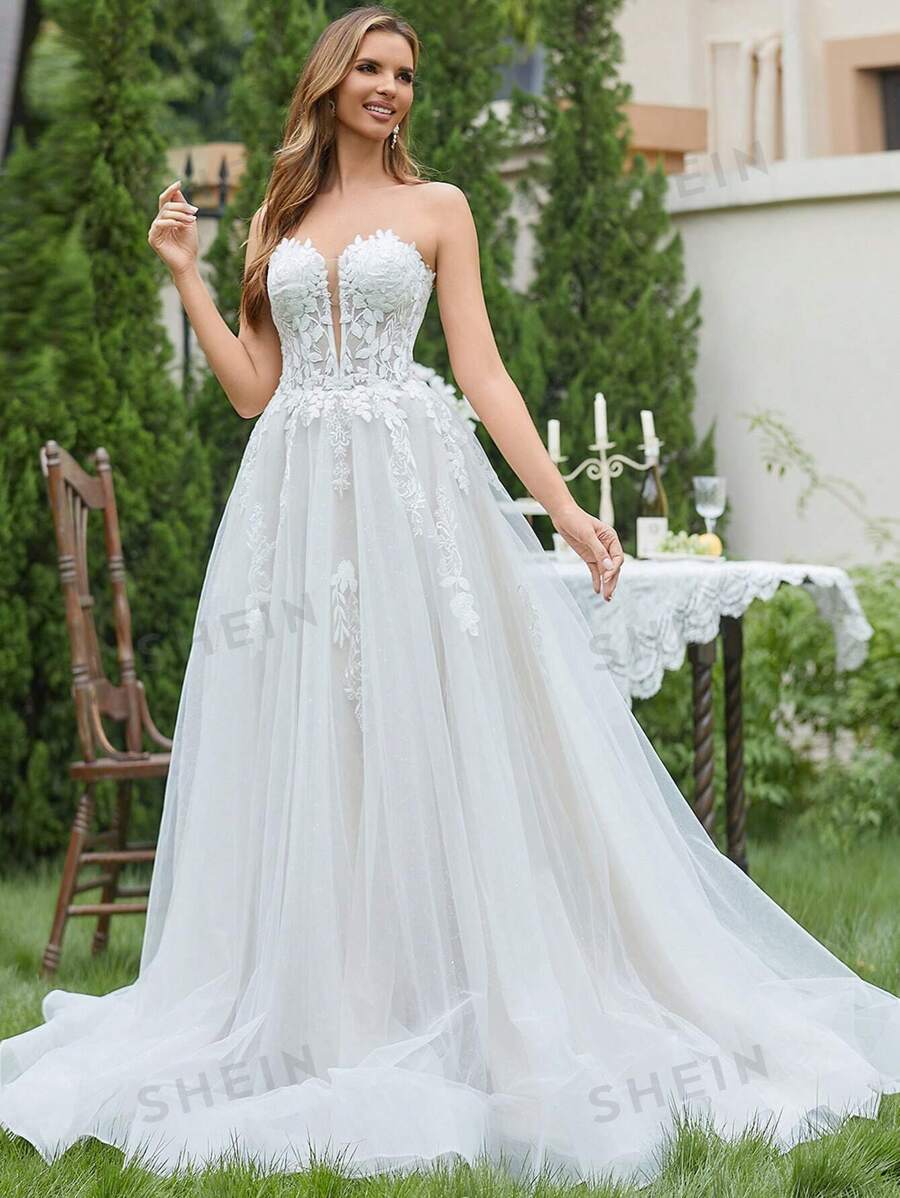 Contrast Embroidery Mesh Tube Wedding Dress | SHEIN USA