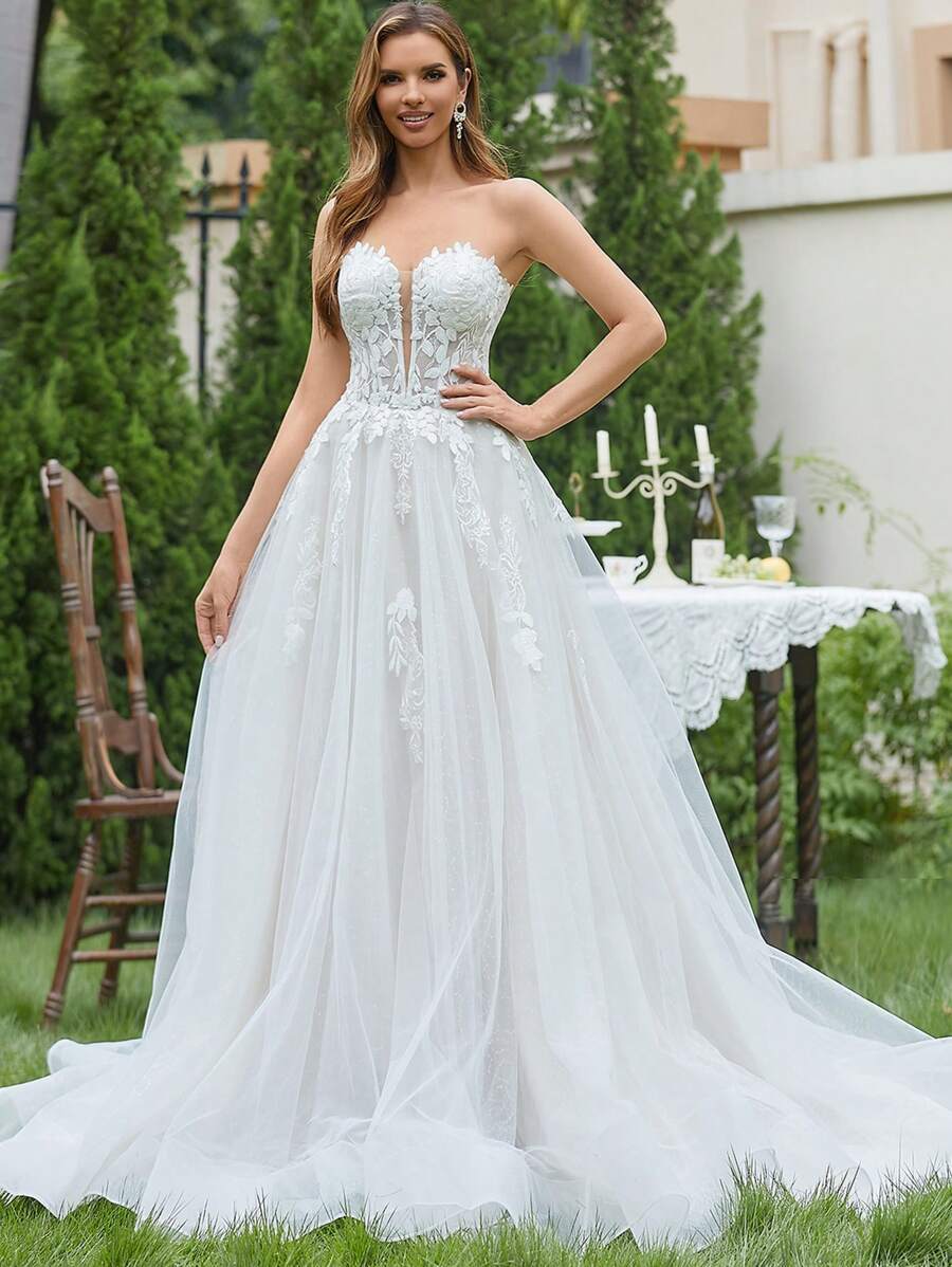 Contrast Embroidery Mesh Tube Wedding Dress | SHEIN USA
