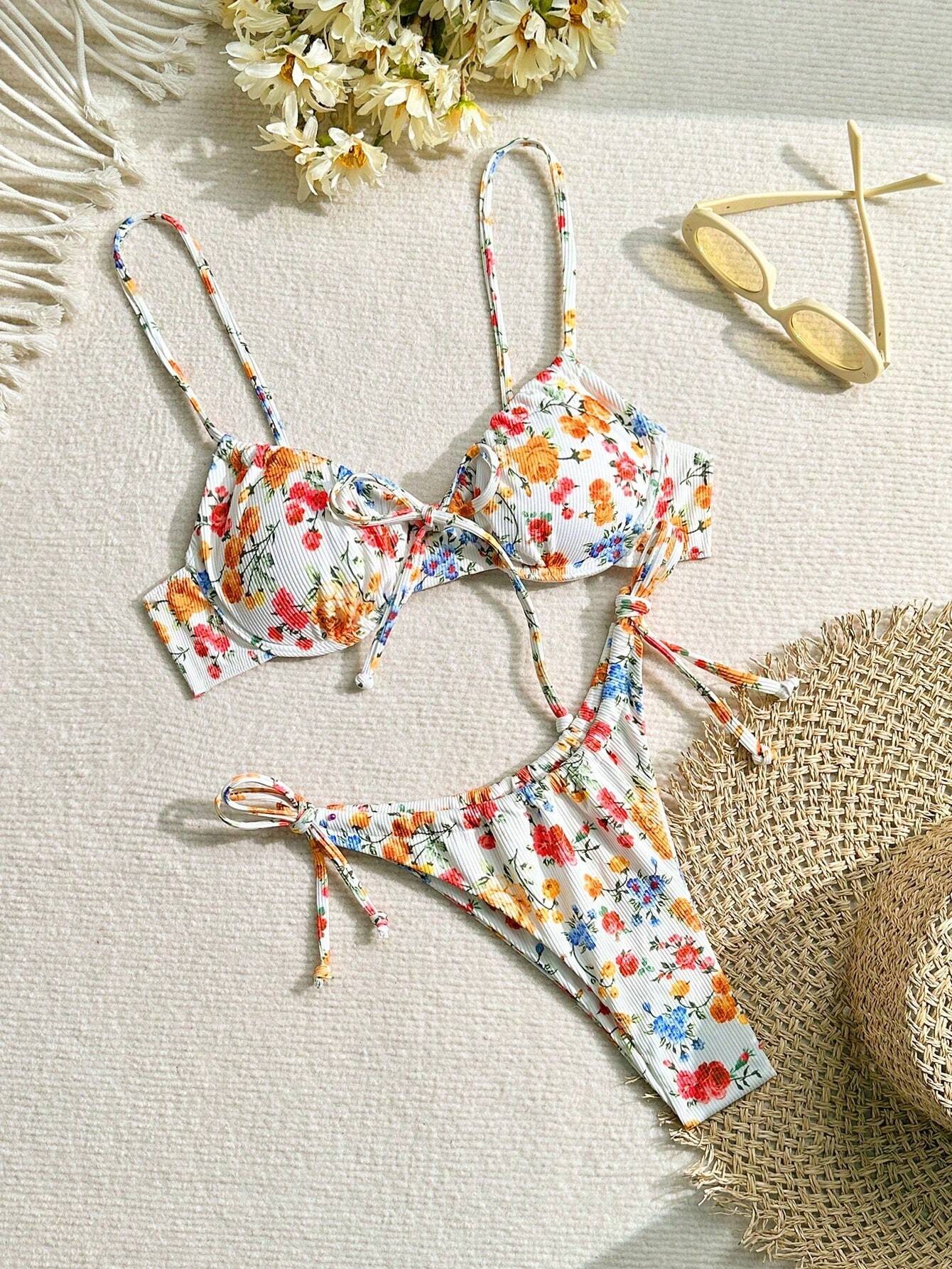 SHEIN Swim Ladies Spaghetti Strap Floral Print Bikini Top And Tie-Side ...