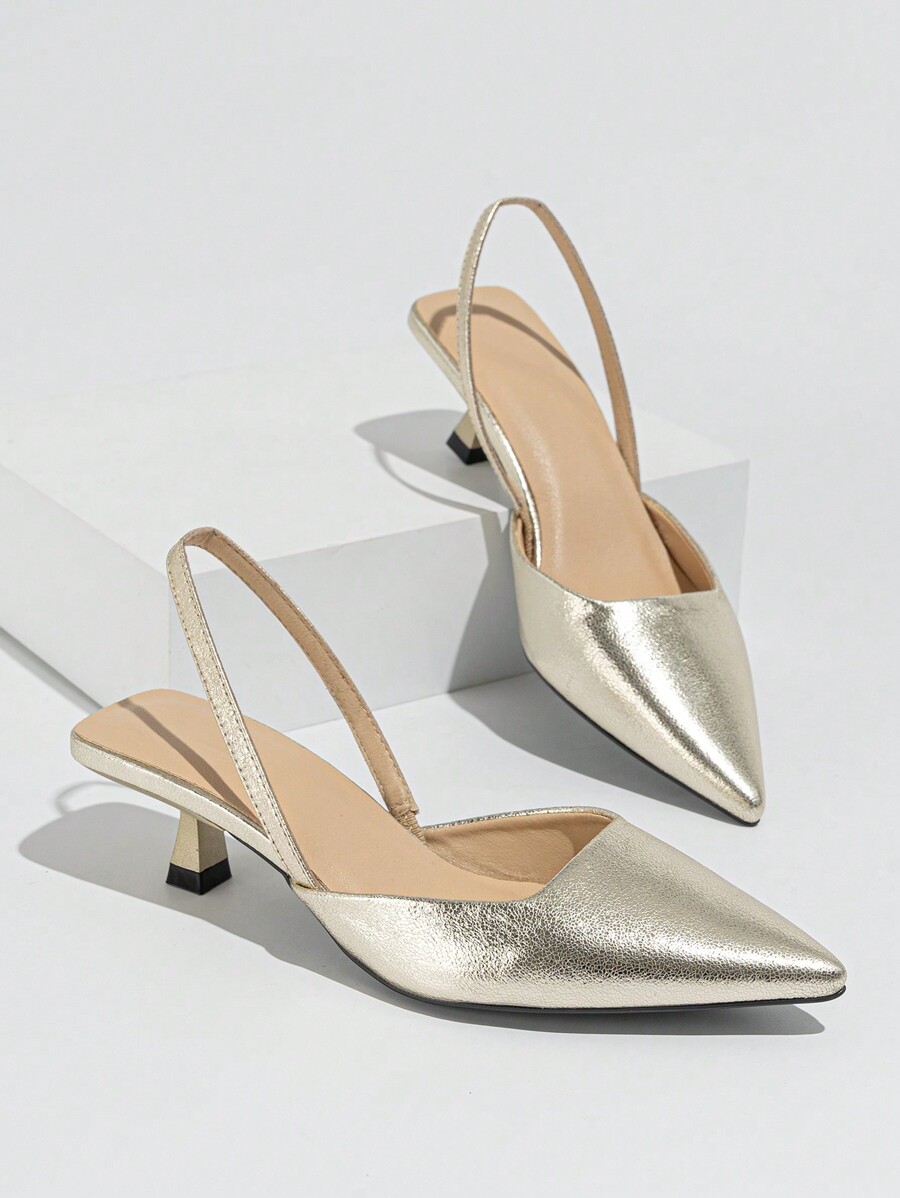 Women Solid Color Pointed Toe Low Heel Kitten Heel Slingback Shoes ...