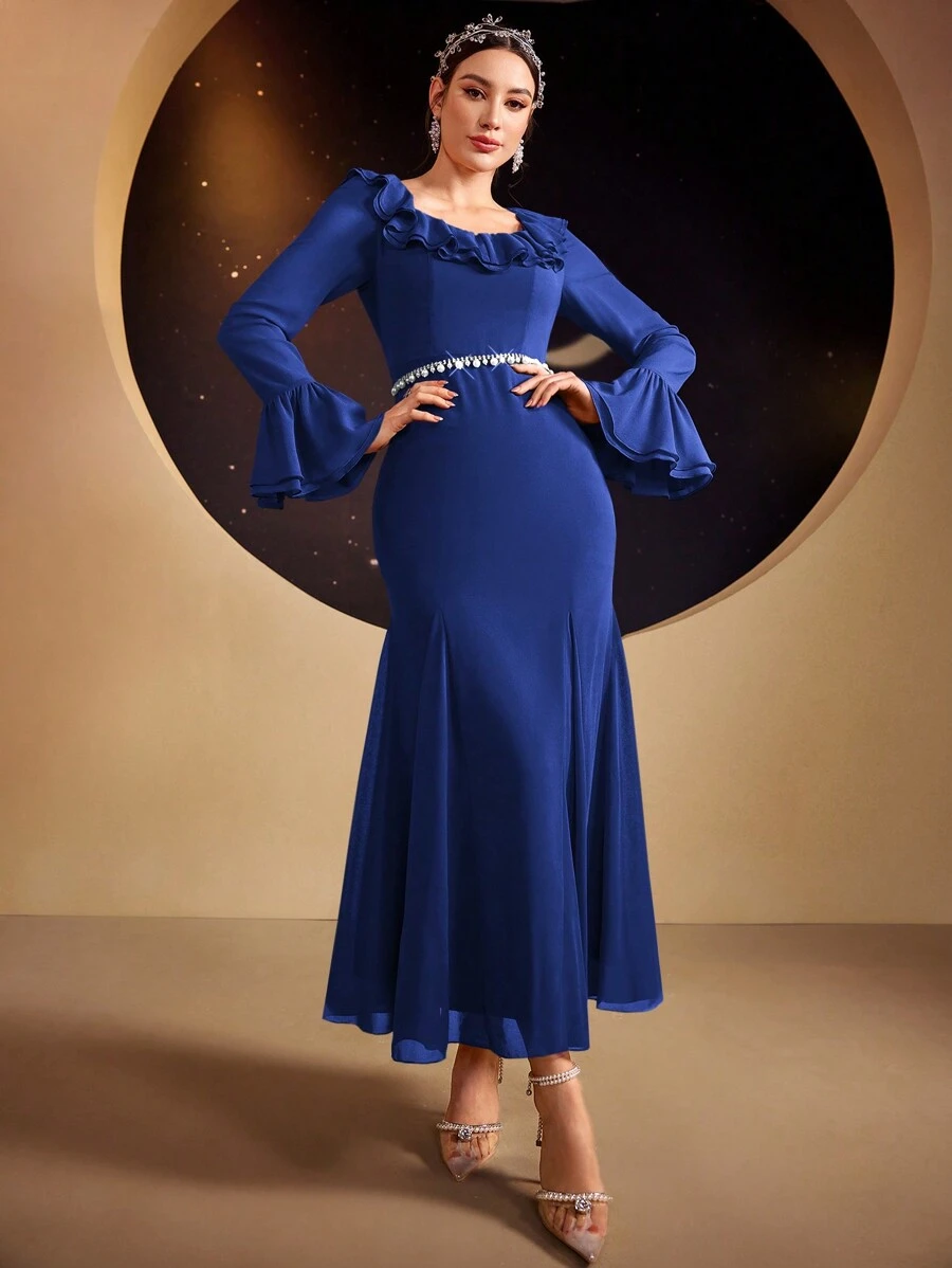 Modelyn Women Spring/Summer Long Elegant Patchwork Ruffle Neckline ...